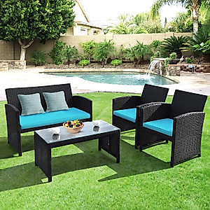 Goplus Rattan Patio Furniture Set 4 Pieces, Outdoor Wicker Conversation Sofa and Table Set with Soft Cushions & Tempered Glass Coffee Table for Balcony Garden Backyard (Turquoise)