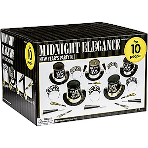 amscan Midnight Elegance Black, Gold and Silver 2025 New Year's Eve Party Decorations Supplies for 10, Includes Top Hats and Tiaras