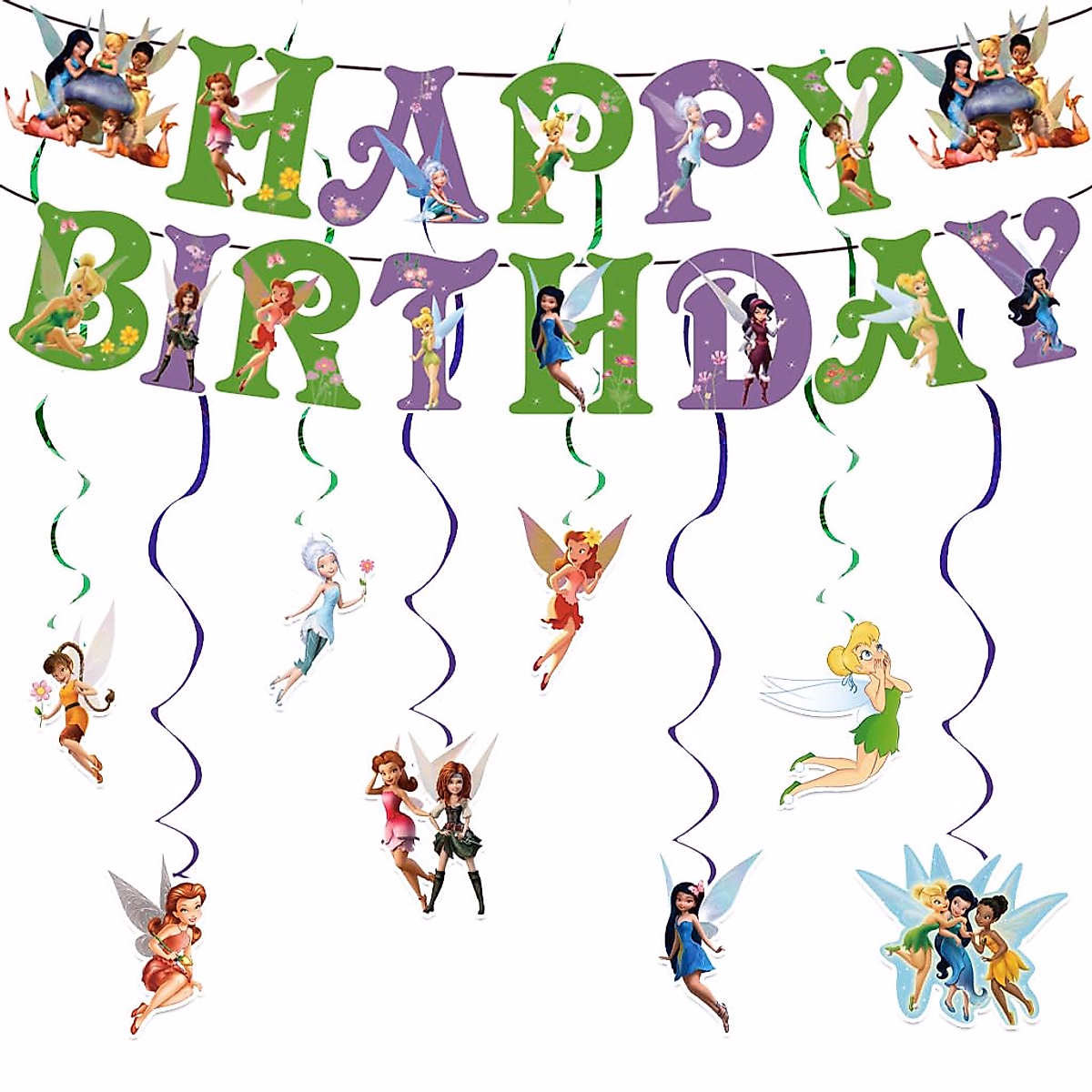 Fairy Birthday Decorations Cartoon Party Decorations Banner and Hanging Swirls for Kid, Boys and Girls Happy Birthday Fairy Party Supplies.