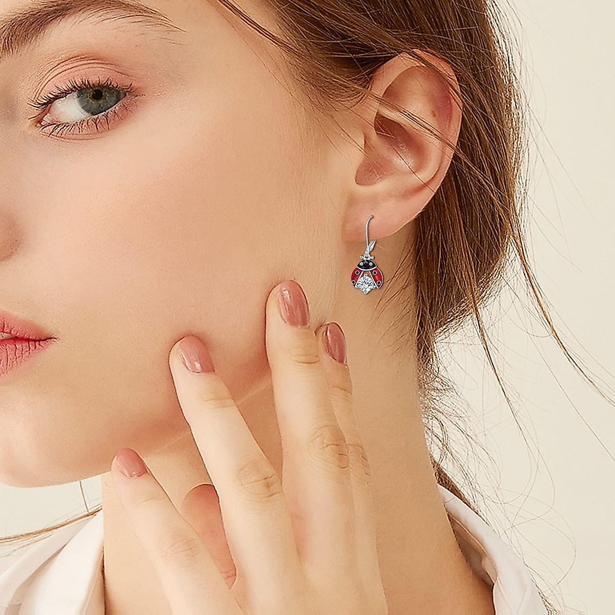 POPLYKE Ladybug Earrings for Women 925 Sterling Silver Ladybug Leverback Earrings Jewelry Ladybug Cubic-Zirconia (Red Ladybug)