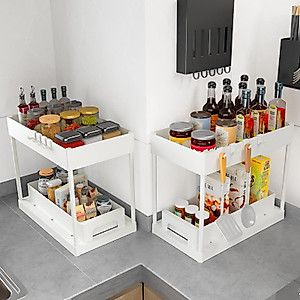 Under Sink Organizers and Storage,2 Tier Under Bathroom Storage Rack with 4 Hooks,Multi-purpose Storage Shelf for Bathroom Kitchen(White)