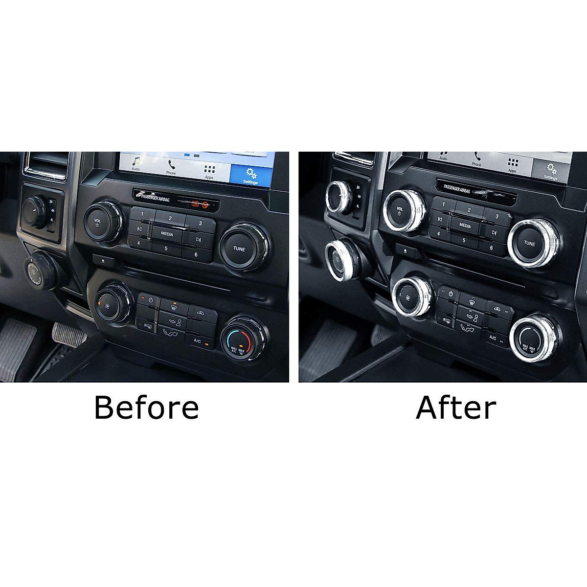 iJDMTOY 6pc-Set Silver Aluminum Air Conditioner Stereo Volume/Tune Trailer/4WD Switch Turner Covers Compatible with 2017-2020 Pre-LCI Ford SuperDuty F250 F350 F450 w/Rubber Turners