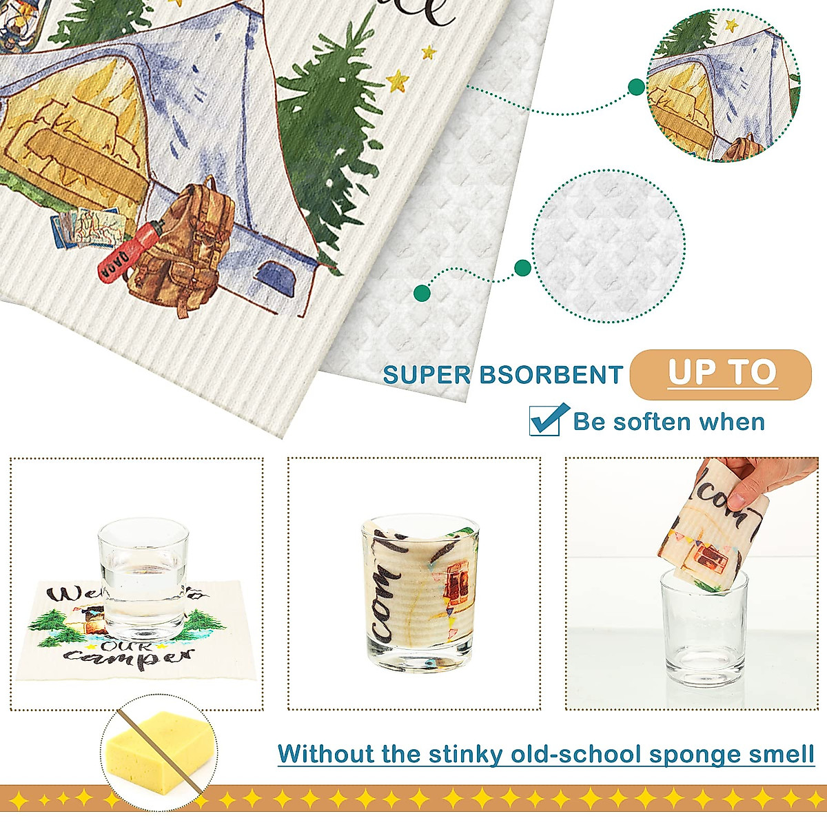 6 Pcs Swedish Kitchen Dish Cloths Kitchen Towels Reusable Sponge Cleaning Cloths Wipes Absorbent Dish Cloth Quick Drying Washable Decorative Tea Towels No Odor Bar Hand Towel (Camping)