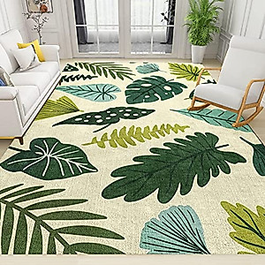 Tropical Plant Green Leaves Area Rug, Abstract Leaves Leaves Home Decor Rug, Easy Clean Carpet with Anti-Slip Backing Durable Not Falling Off for Bedroom Living Room Dining Room Office 5ftx3.3ft