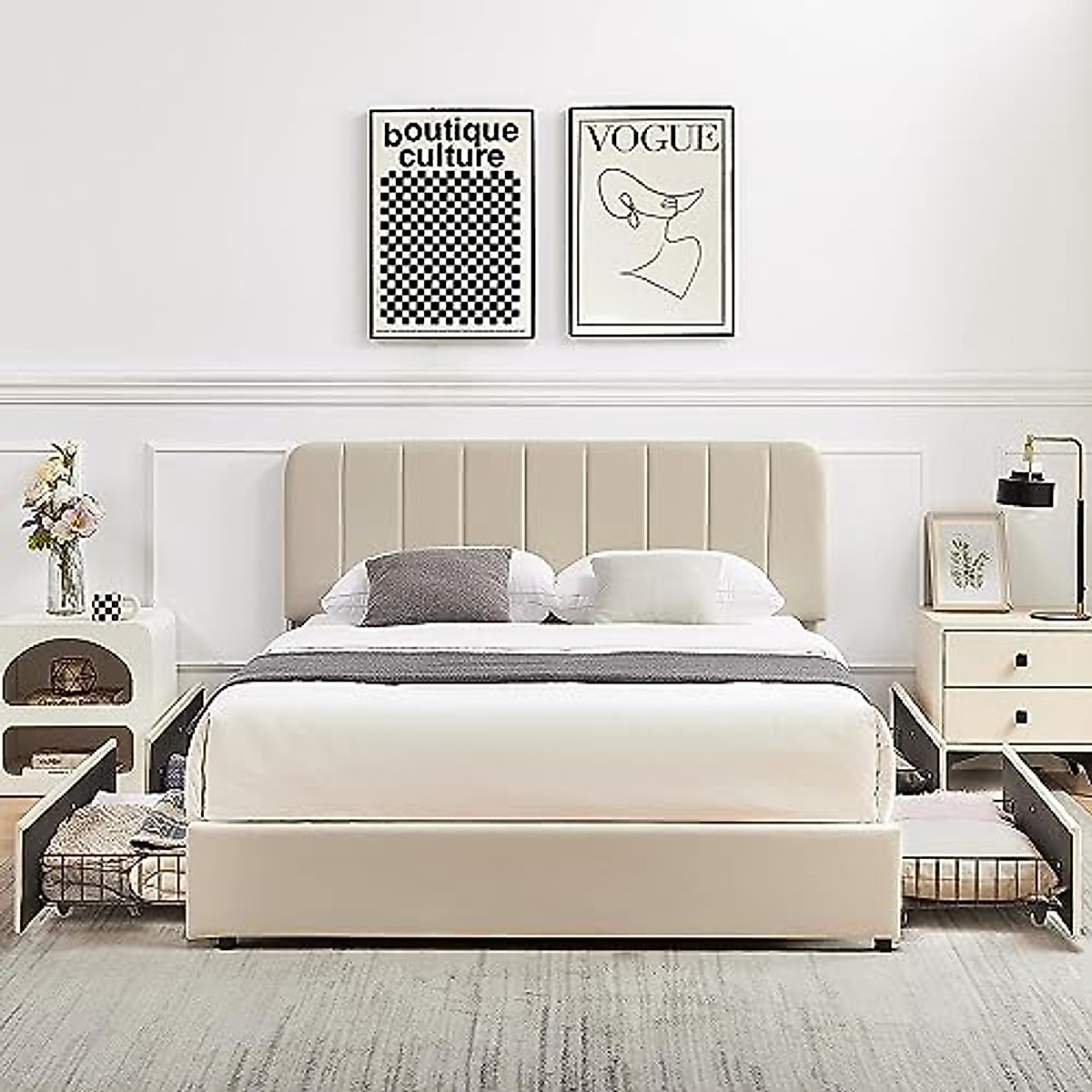 VECELO Full Size Upholstered Bed Frame with 4 Drawers and Adjustable Headboard, Velvet Platform Storage Bedframe Mattress Foundation, Wooden Slats Support, No Box Spring Needed, Beige