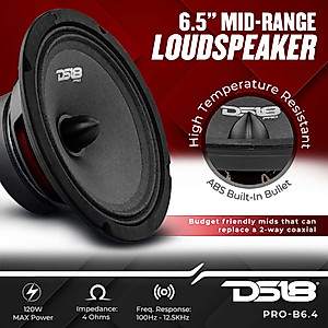 DS18 Bundle Car Speakers - 4X 6.5 Loudspeaker with Bullet 4-Ohm 120 Watts Peak & 4X 3” PRO Aluminum Super Bullet Tweeter 240 Watts Peak with Built in Crossover - Pro Car Audio Package Mid and High