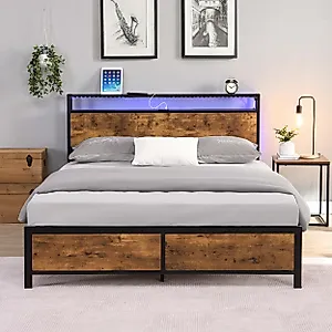Ucloveria Queen Size Bed Frame with LED Lights and 2 USB Ports, Industrial Bed Frame Queen Size with 2-Tier Storage Wooden Headboard, Noise Free, No Box Spring Needed, Rustic Brown