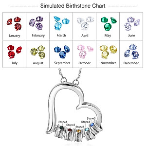Wamantic Personalized Women's Pendant Necklace 925 Sterling Silver with 1-5 Simulated Birthstone Names Customized Heart Shape Cubic Zirconia Necklace For Christmas Gifts (5 Name&5 Stone)