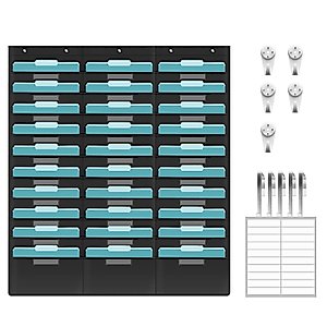 KIKIGOAL 30 Pockets Hanging Wall File Organizer, Heavy Duty Storage Pocket Chart with 30 Name Tag Pockets for File Folder and Paper, Space Saver for Office and Classroom