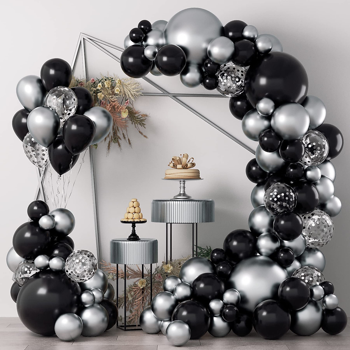 COKAOBE Black and Silver Balloons Garland Kit, 124pcs Black Metallic Silver Confetti Balloon Arch Kit for Wedding Engagements Birthday Graduation Baby Shower Celebrations Anniversary Party Decorations