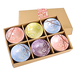 WHJY Cherry Bloom Chinese Japanese Ceramic Rice Bowl 10 oz, Sakura Bowl Gift Set, Serving Bowls Dinnerware Bowls for Rice, Cereal, Noodle, Soup, Desserts, Set of 6