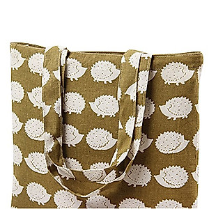 Nuni Women's Cute Hedgehog Print Canvas Tote Bag Olive, Zip Closure, Medium