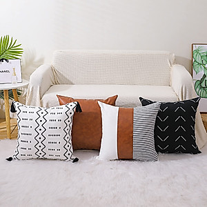 Learife Boho Pillow Covers 18 * 18 Inch Set of 4 Modern Neutral Striped Geometric Faux Leather Farmhouse Pillow Covers for Sofa, Bed, Home Decor (Multi 4pc)