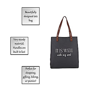 Creative Brands Joyful Expressions Charcoal Grey Canvas & Leather Tote, 13.5 x 16-Inch, It is Well
