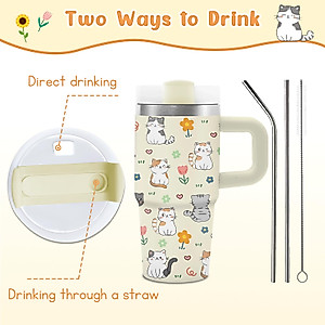 Cute Cat Gifts for Kids, Cat Tumbler with Handle and Straw for Kids 14 oz, Cat Lovers Gifts for Toddlers, Insulated Stainless Steel Cats Mug, Birthday Gifts for Girls Boys Daughter Son