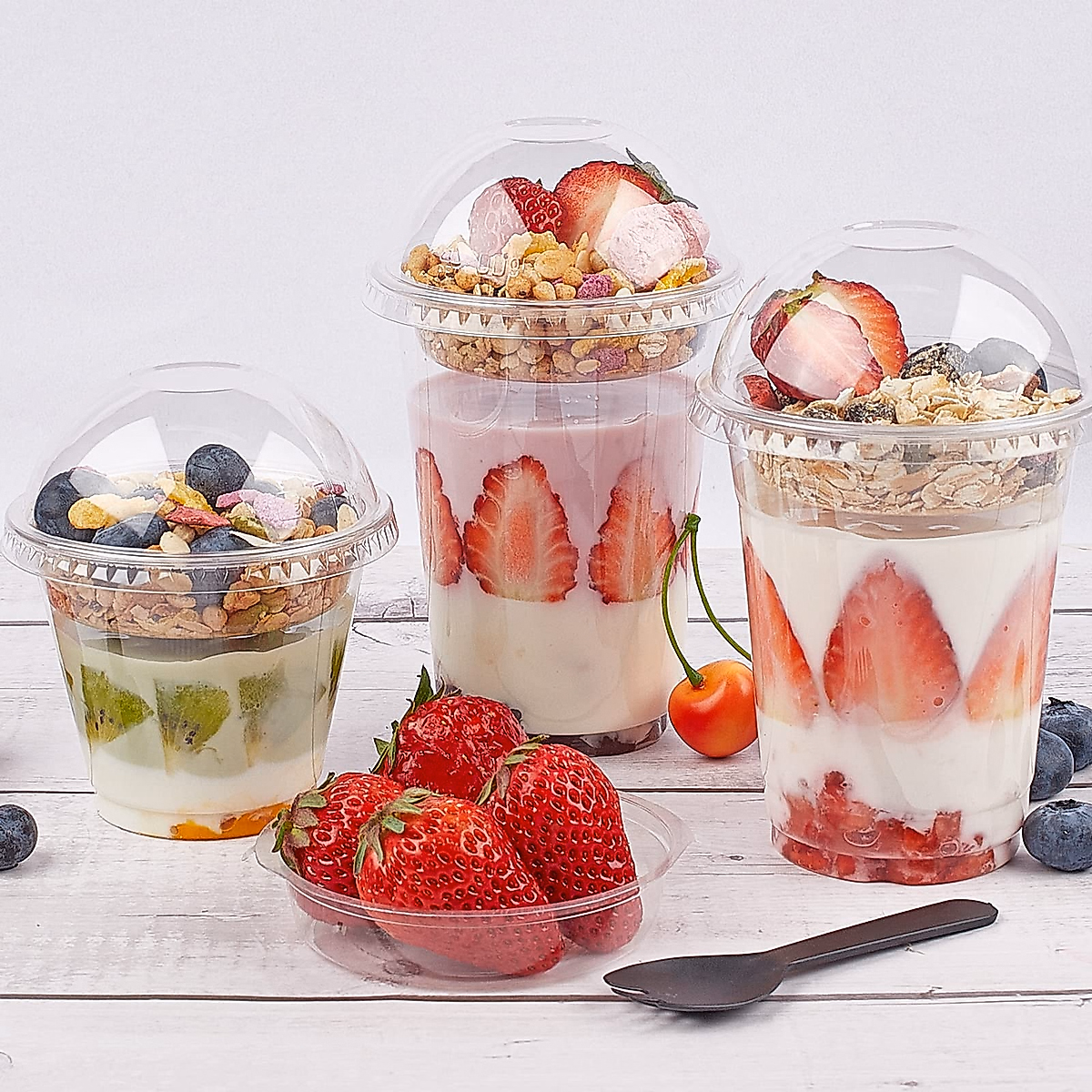 Zezzxu 12 oz Plastic Yogurt Parfait Cups with Dome Lids Inserts and Sporks, 50 Pack Disposable Parfait Conatiners On the Go for Fruit Cereal Oatmeal Dips and Veggies