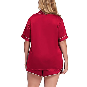 SWOMOG Womens Satin Plus Size Pajamas Silk Button Down Shorts Set Pajama Shorts 2Pcs Short Sleeve Pjs Sets Loungewear Red