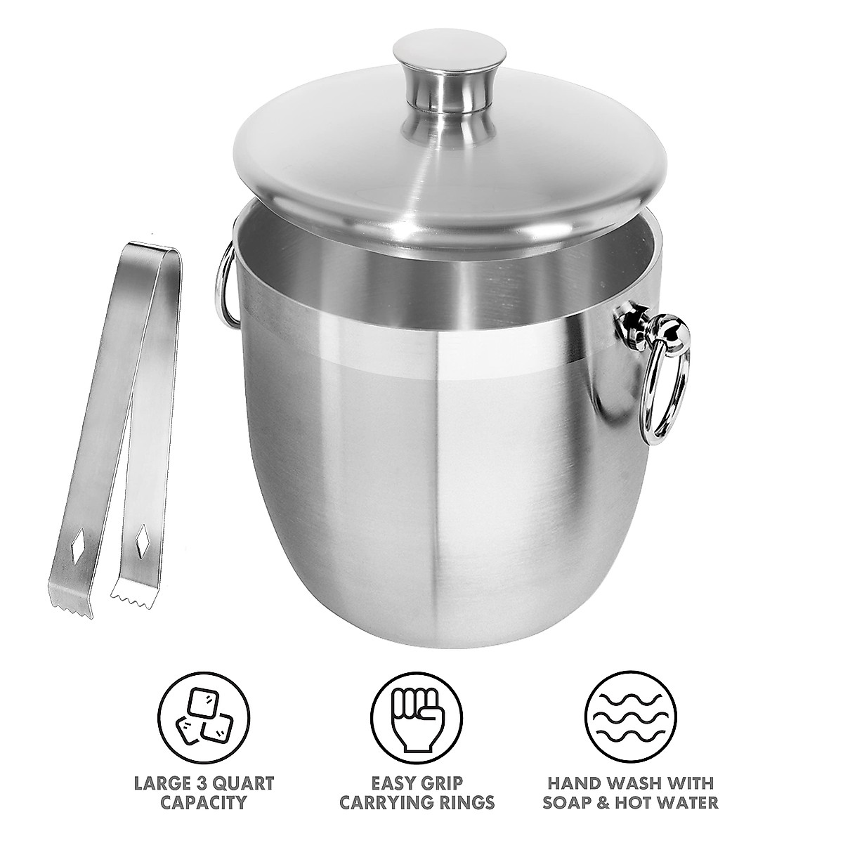 OGGI Double Wall Stainless Steel Ice Bucket - Insulated Ice Bucket with Elegant Steel Lid, Classic Handles & Stainless Steel Ice Tongs - Great for Home Bar, Chilling Beer, Champagne and Wine - 3 qt