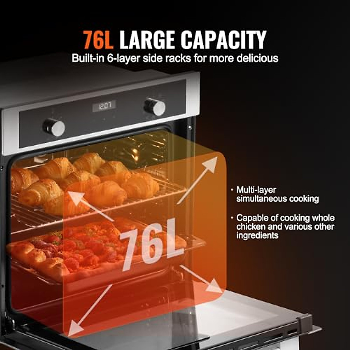 VEVOR Wall Oven, 24 inch Electric Built-in Wall Oven with 9 Cooking Functions, 2.68 Cu.Ft Convection Wall Oven with Digital Timer, Electric Single Wall Oven with Baking Rack and Tray, for Kitchen