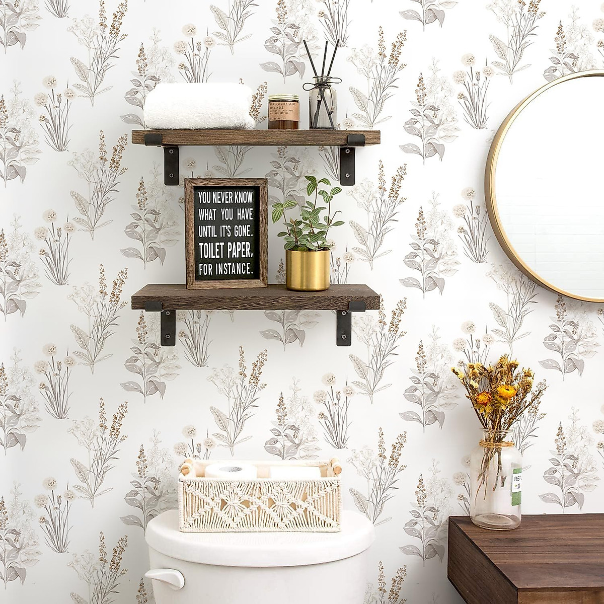 Orainege Peel and Stick Wallpaper Beige Floral Wallpaper Boho Contact Paper 15.7in x118.1in Self Adhesive Removable Wallpaper for Bathroom Bedroom Cabinets Decor