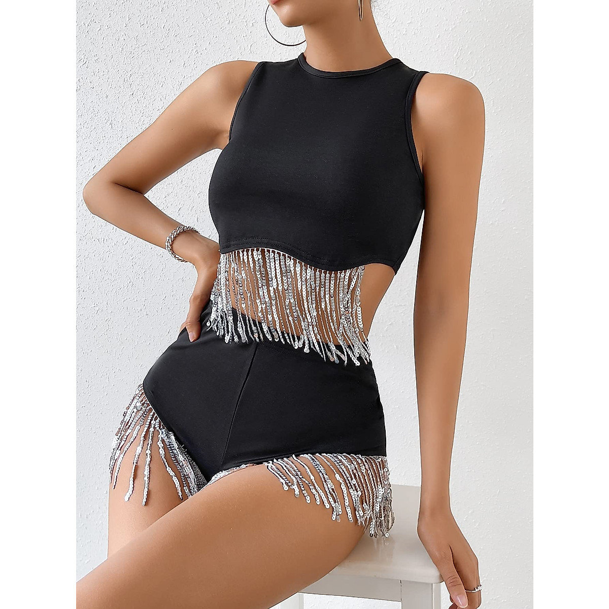 SweatyRocks Women's 2 Piece Party Outfits Sequins Fringe Trim Slim Fit Crop Tank Top and Shorts Set Black XL