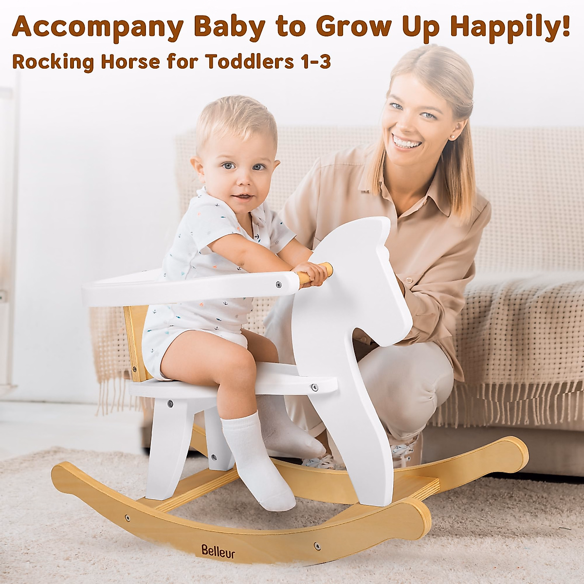 Belleur Wooden Rocking Horse for Toddler 1-3 Year Old, Baby Wood Ride-on Toys with Removable Fence for Indoor & Outdoor Activities, Boys & Girls Rocking Animal for Birthday Pink