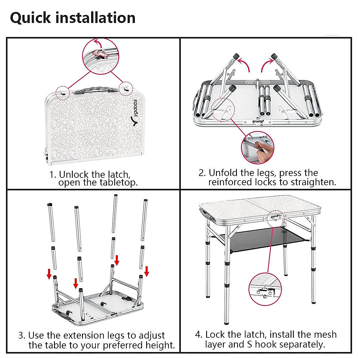 YYGDOBS Portable Folding Table 24"x16" - Aluminum Small Picnic Camping Table Lightweight Side Table for Indoor Outdoor Garden Van Truck RV(3 Adjustable Heights 10"/19"/24")