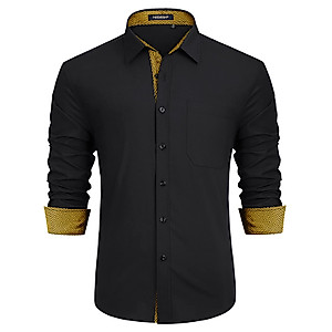 HISDERN Mens Black Dress Shirt Long Sleeve Button Down Collar Plaid Inner Contrast Formal Business Casual Shirts