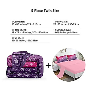 ROWADALO 5 Pieces Purple Glitter Comforter Set Twin Size Galaxy Starry Sky Bedding Sets 5 Pieces Bed in A Bag for Kids Teen Girls Ultra Soft All-Season Girls Sparkles Comforter Set,DJT-GB5005 Twin