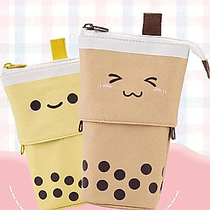 Cute Pencil Case Kawaii Standing Pen Holder Bubble Tea Boba Milktea Pop Up Back to School Supplies Stationery Organizer Bag with Smile Face Cosmetics Pouch Makeup Bag for Kids Students Teens (Pink)