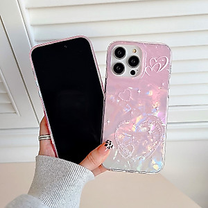 YeLoveHaw Designed for iPhone 14 Pro Case for Women Girls, Glitter Pink Purple Colorful Pearly-Lustre Shell, Cute Heart-Shaped Pattern, Slim Hard Protective Cover for iPhone 14Pro 6.1''(White Heart)