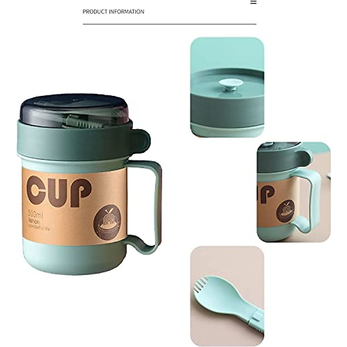 SUNSHNO Soup Mug with Lid and Scoop,18 Ounce Microwave Soup Mugs Food Flasks Oven Milk Cup Food Jar Container for Breakfast Soups, Noodles, Hot Cereal and More (Green)