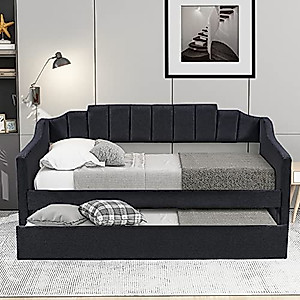 RUNWON Upholstered Twin Size Daybed with Trundle Modern Wood Sofa Bed for for Living Room and Bedroom,No Spring Box Needed, Black