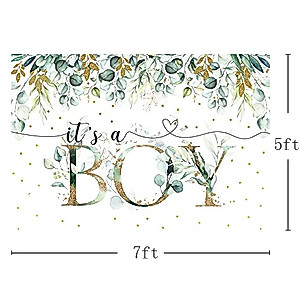 MEHOFOND 7x5ft It's a Boy Baby Shower Backdrop Spring Greenery Eucalyptus Leaves Green and Gold Background Party Decor Banner Cake Table Supplies Photo Booth Studio Props