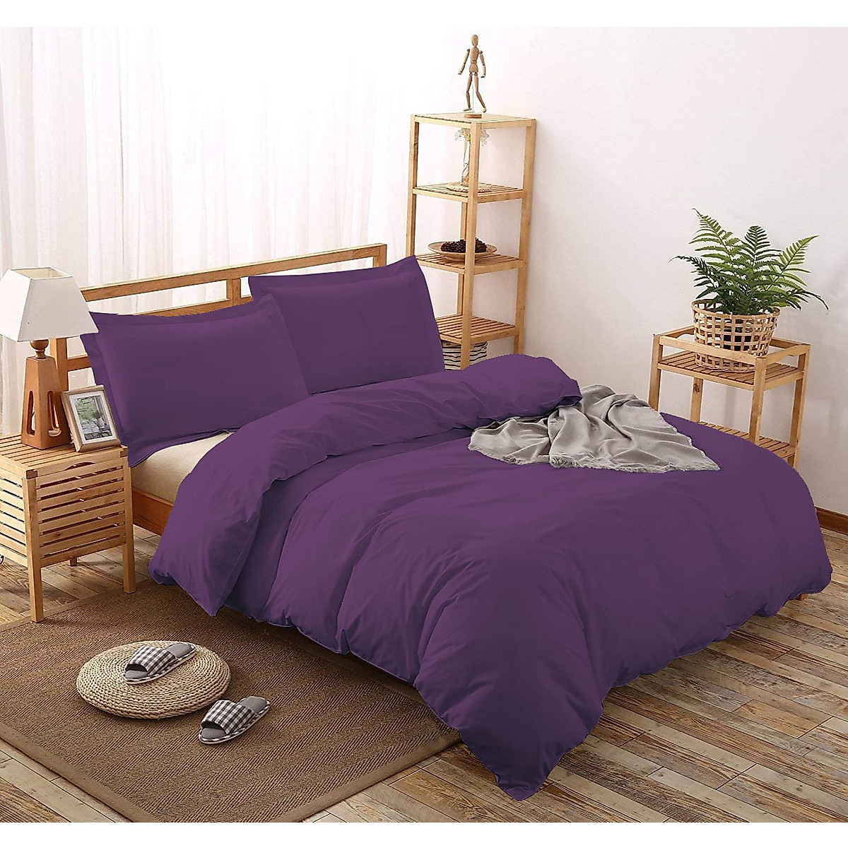 Velfont 3Pcs Duvet Cover Set 100% Egyptian Cotton 800 Thread Count Duvet Cotton with Zipper Closure & Corner Ties, Super King Size (116" x 98") Inch, Plum Solid