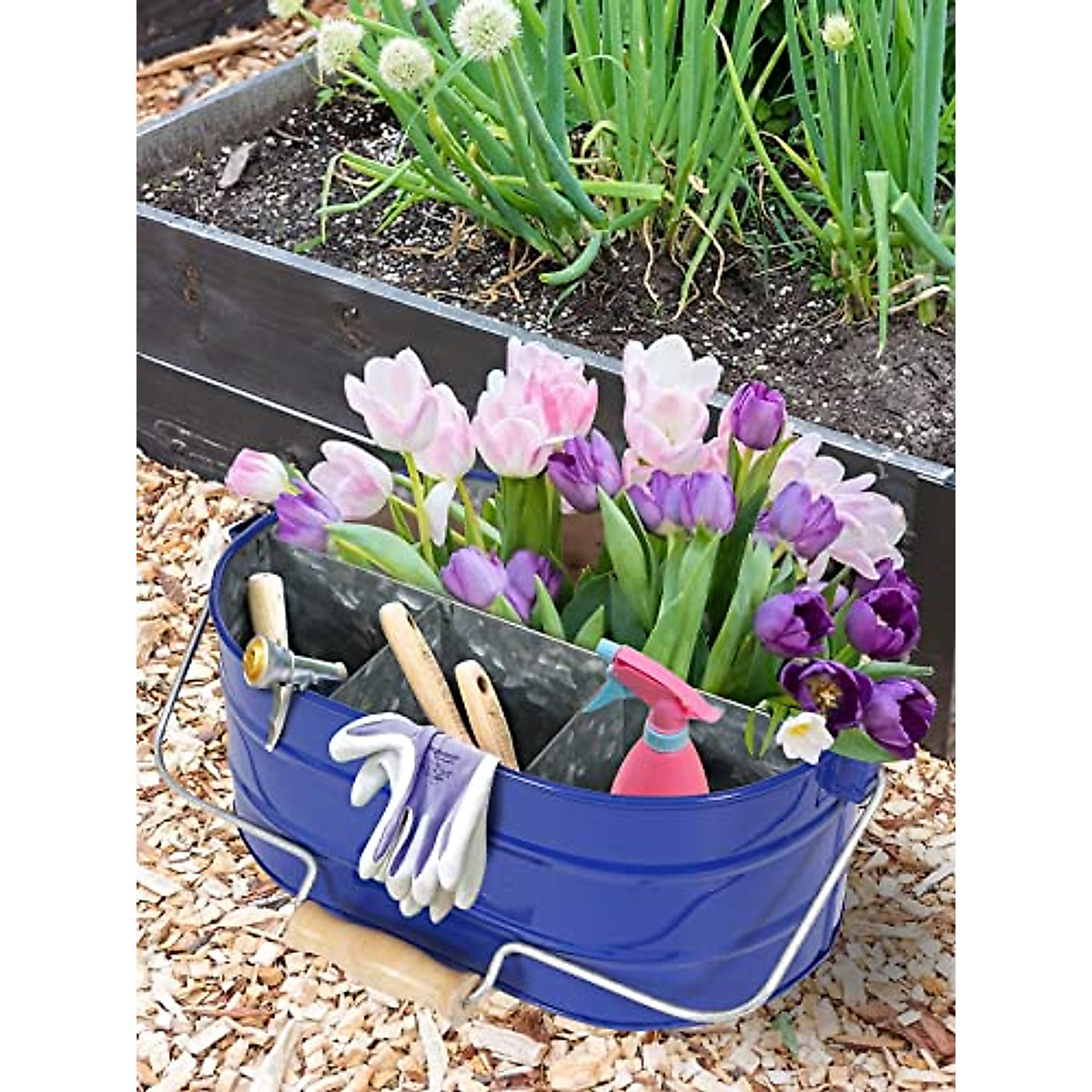 Homebia Designs Galvanized Metal Caddy with 4 Compartments, Rustic Farmhouse Kitchen Indoor Outdoor Utensil Holder, Multipurpose Storage Bin, Metal Garden Planters - 12 Inch - Navy