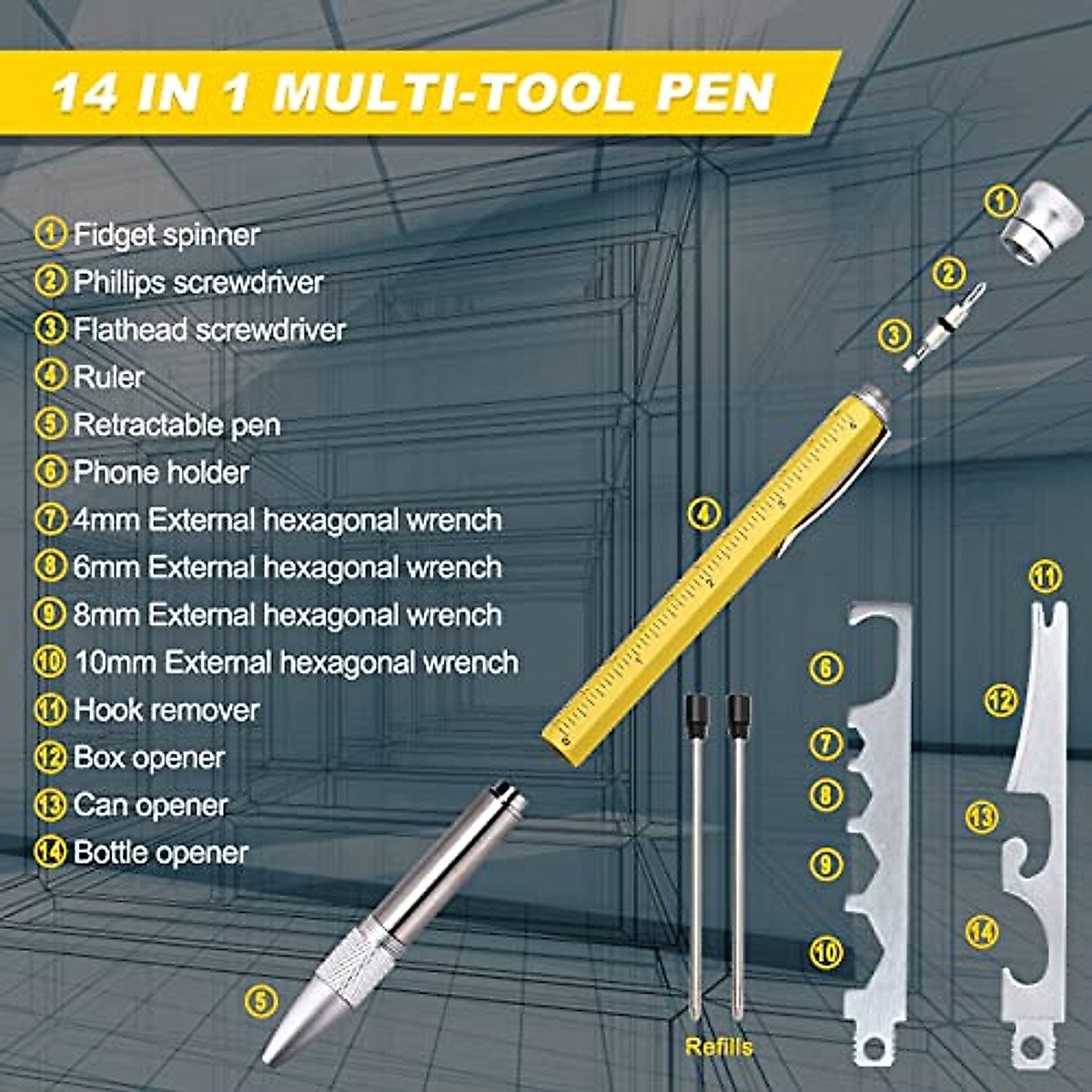 XAMAWA Multitool Fidget Pen - Gifts for Him Boyfriend Husband, Stress Relief Cool Gadgets Tools Gifts for Men Dad, Multi-tool Pen for Office Engineer Woodworkers Construction - Yellow