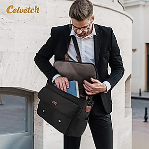 Celvetch Laptop Messenger Bag - PU Leather Briefcase for Men Canvas Shoulder Bag Computer Bag for Work Travel College - Black