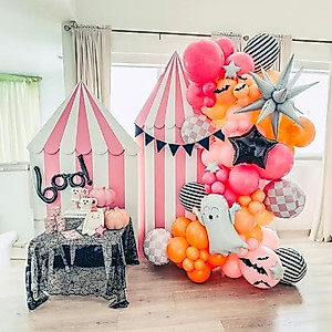 Jobkoo Halloween Balloon Arch BOO Halloween Decor Ghost Star Foil Balloons Pink Orange Latex Balloon Garland Kit 3D Bat Sticker for Kids Happy Halloween Themed Baby Shower Birthday Party Decoration