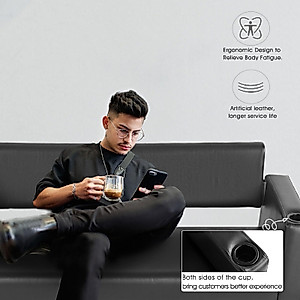 Artist hand Office Reception Chairs Waiting Room Bench Guest Chairs, Leather Bench 60.6'' Conference Room Chairs with 2 Cup Holder Office Couch Stainless Steel Base Chair