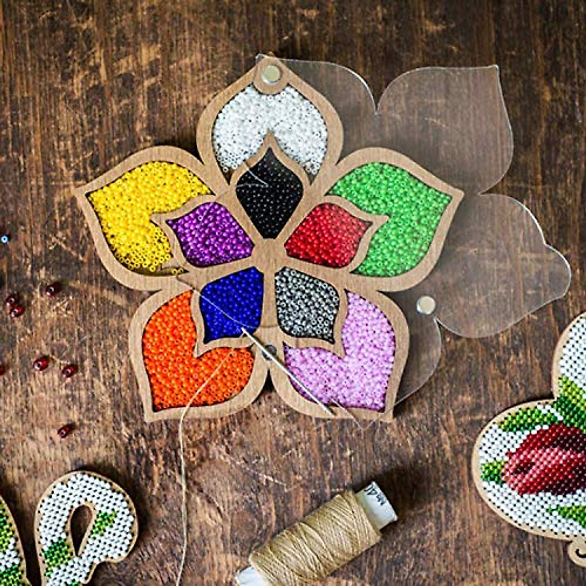 Lonjew Wood Bead Organizer Tray with Lid Supply Storage Jewelry Making Gift, Bead Container, Needle Magnet, Beadwork Accessory, Small Clear Cover, Beads Wood Flower Storage