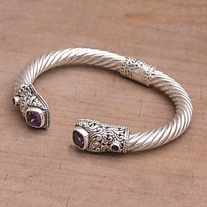 NOVICA Handmade Barong Crest - 6" L x 0.5" W, 18k Gold Accents .925 Sterling Silver Rope Pattern Cuff Bracelet, 3CT Amethyst Bangle Design