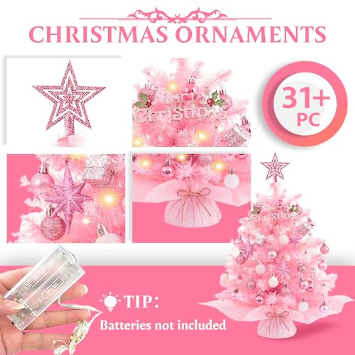 XmasExp 20in Mini Christmas Tree with Lights Pink Small Christmas Tree Artificial Tabletop Xmas Decor Holiday Decoration for Home, Office, Party