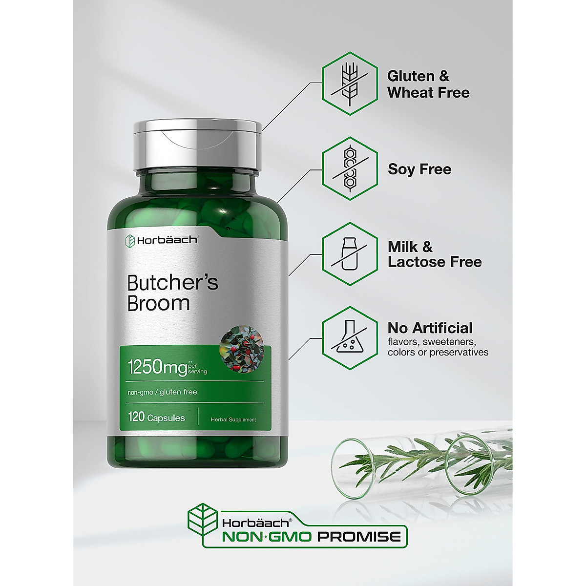 Horbaach Butchers Broom Capsules 1250mg | 120 Count | Non-GMO, Gluten Free | Traditional Herb Root Extract Supplement