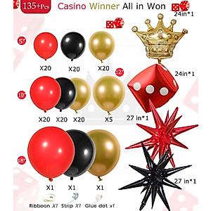 Casino Theme Red and Black Gold balloon garland arch kit With Starburst Dice Crown balloons for casino royale Birthday Las Vegas night hollywood theme party decorations