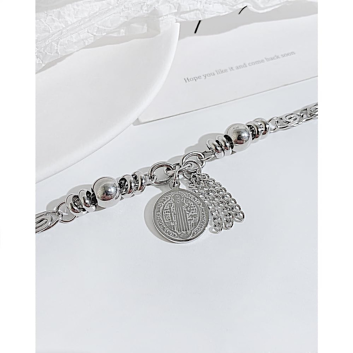 TEMICO Stainless Steel Cross Saint Benedict Coin Charm Bracelet for Women Catholic Exorcism Protection Jewelry