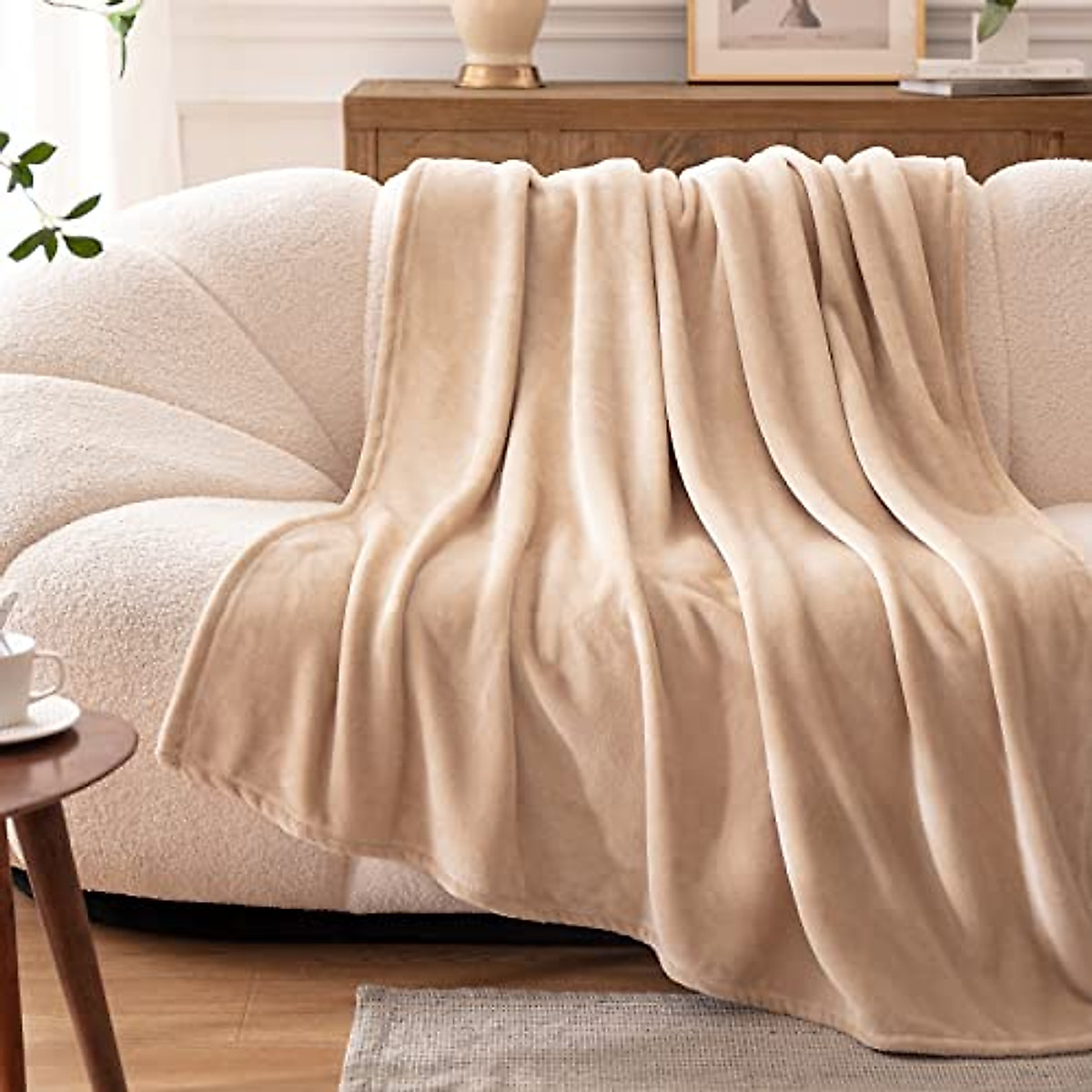 Bertte Fleece Throw Blanket Super Soft Cozy Warm Lightweight Throw for Sofa Couch Luxury Decorative Velvet Pattern Bed Blanket, 50"x60", Light Beige