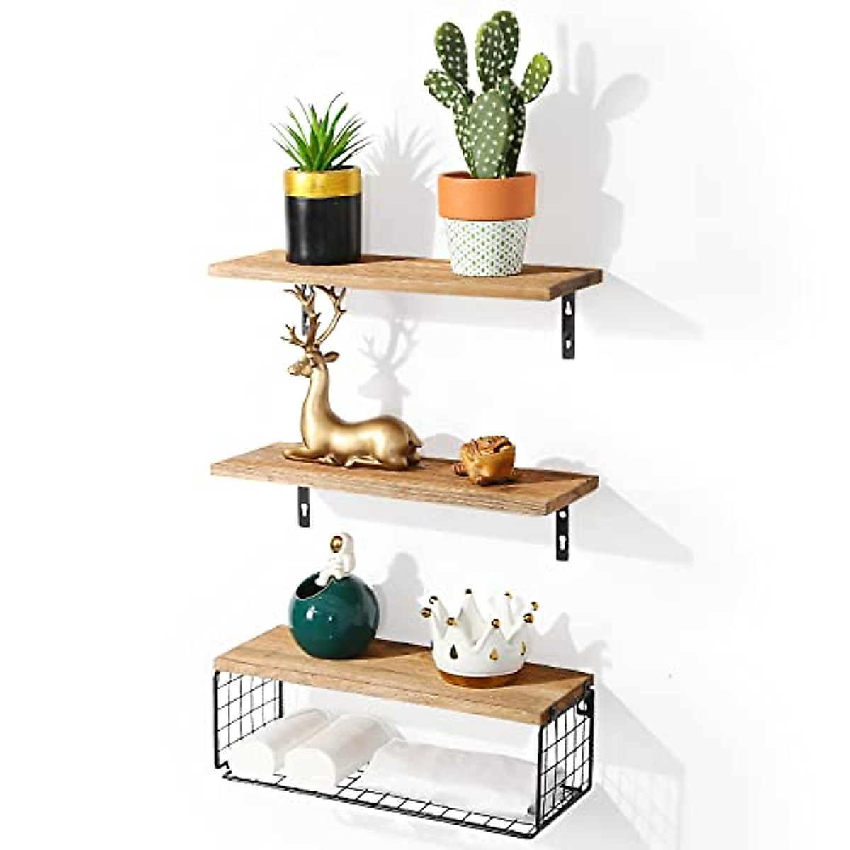 Set of 3 Floating Shelves with Paper Storage Basket Rustic Solid Wood Bathroom Shelves Farmhouse Wall Hanging Shelf Mounted Wall Decor for Living Room Kitchen Pantry Bedroom (Rustic Brown)