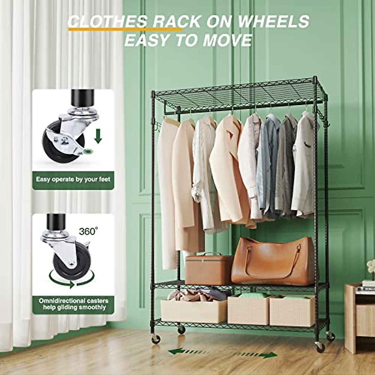 LEHOM G1 3 Tiers Garment Rack with Storage Shelves, Heavy Duty Rolling Free-Standing Clothing Rack Closet Organizer with Double Rods/Lockable Wheels & 2 Pairs Side Hooks, Max Load 450 LBS, Black