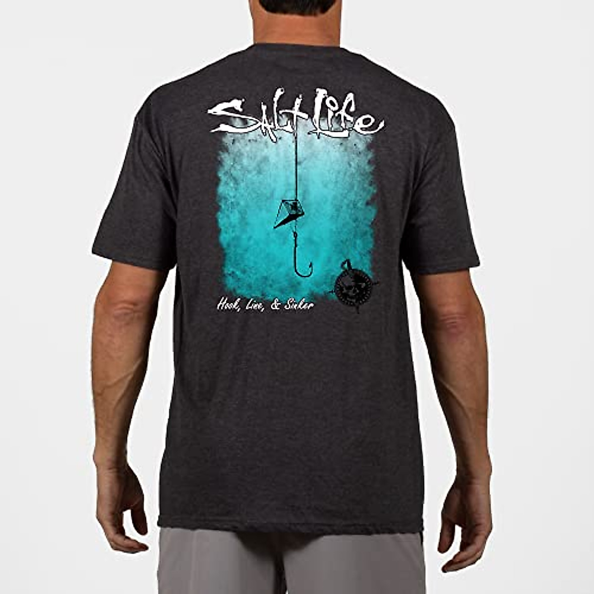 Salt Life Mens Hook Line and Sinker Fade Short Sleeve Classic Fit Shirt, Charcoal Heather, Large